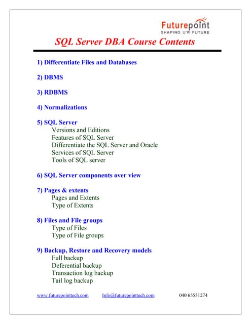 Sql server dba training | PDF Sql server dba training | PDF