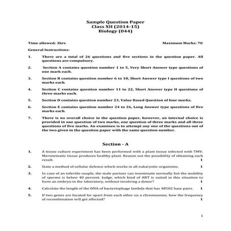 Cbse Class 12 Biology Sample Paper Model 1 | PDF