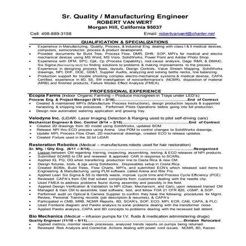 Sr. Manufacturing / Quality Engineering | DOCX