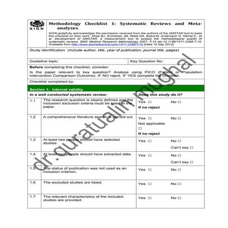 Methodology Checklist : Systematic Reviews and Meta-analyses Notes for ...