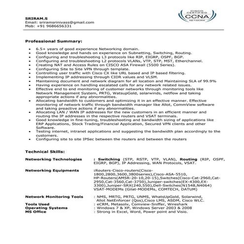 Sriram network engineer_6.5yrs_exp | DOC | Computer Networking | Computing
