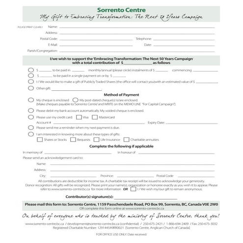 Sorrento Centre pledge form for "Next 50" Capital Campaign | PDF