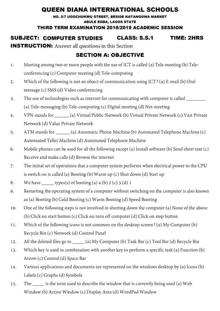 S.S.2 Computer Studies 3rd Term Examination | PDF | Educational Assessment | Education