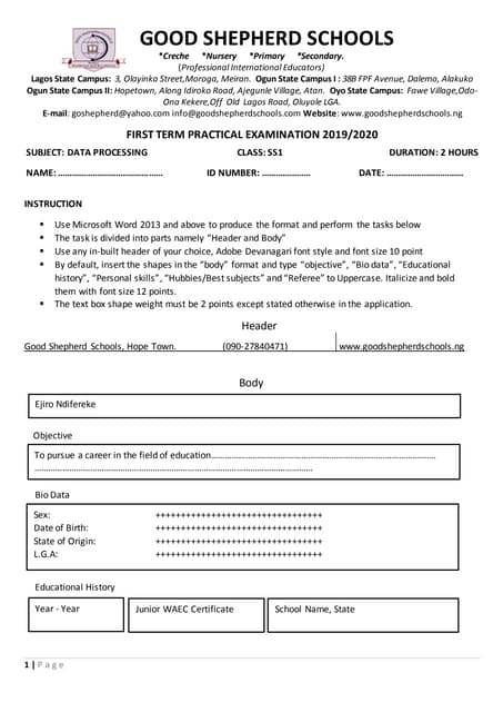 Ss2 Data Processing Practical Examination First Term Docx Databases Computer Software