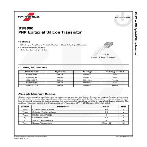 Original Transistor PNP SS8550 S8550 8550 1.5A 40V TO-92 New | PDF