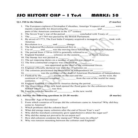 S.S.C. History Chp 2 Test Paper