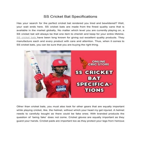 Ss cricket bat specifications | PDF