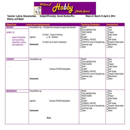Social Studies Lesson Plan for March 31-April 4, 2014 | DOC