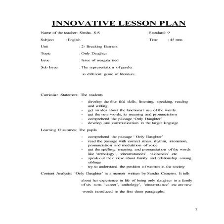 INNOVATIVE LESSON PLAN - ONLY DAUGHTER | DOCX