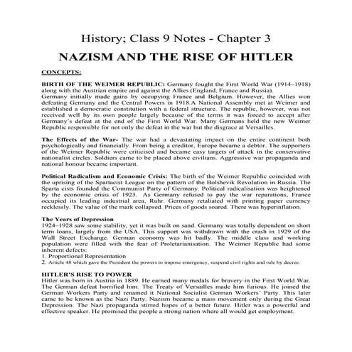 Nazism And The Rise Of Hitler Class 9th notes | PDF