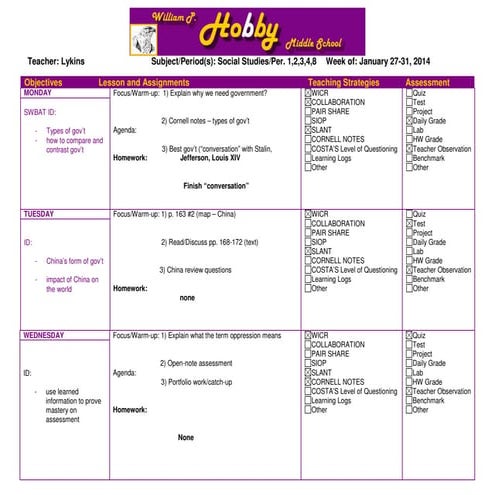Lesson Plan for January 27-31, 2014 | PDF | Educational Assessment ...