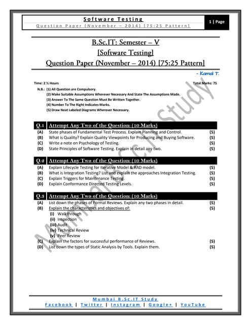 [Question Paper] Software Testing (75:25 Pattern) [April / 2016] | PDF