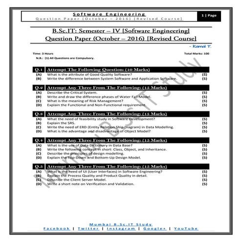 [Question Paper] Software Engineering (Revised Course) [October / 2016 ...