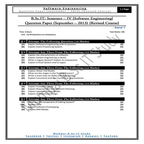 [Question Paper] Software Engineering (Revised Course) [September ...