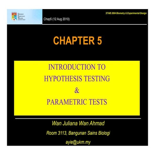 chapter 5 Introduction to hypothesis testing and parametric tests | PPT