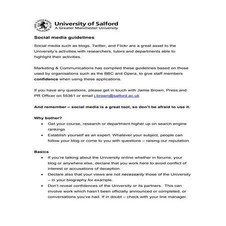 University of Salford - Staff Guidelines Social Media | PDF