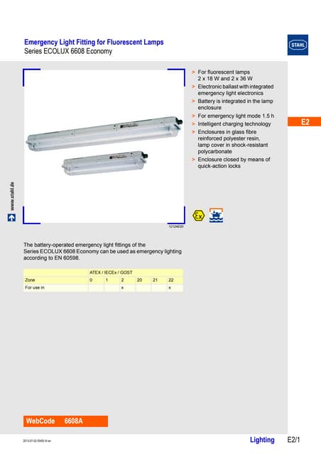 Stahl 6008 Emergency Light Fitting For Fluorescent Lamps - ATEX Zone 1 ...