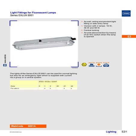 Stahl Lighting EXLUX 6001 Light Fitting For Fluorescent Lamps – ATEX ...