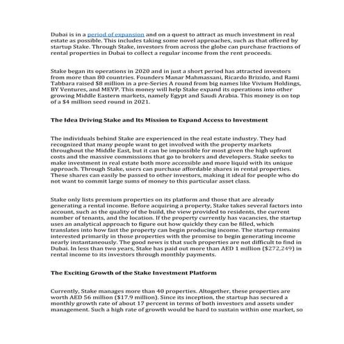 Stake Expands on Unique Platform for Investing in Dubai Rental Property ...