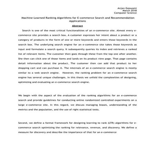 Machine Learned Ranking Algorithms For E Commerce Search And