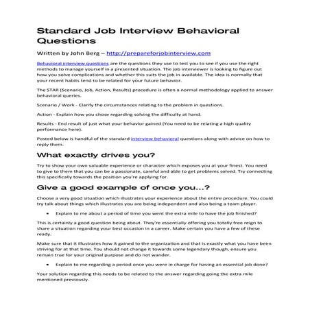 Standard Job Interview Behavioral Questions | DOC