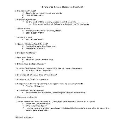 Standards Driven Classroom Checklist | DOC