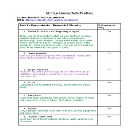 Pre-Production Tasks Feedback | PDF