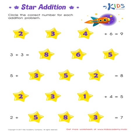 Star addition - Kindergarten Math Worksheets | PDF