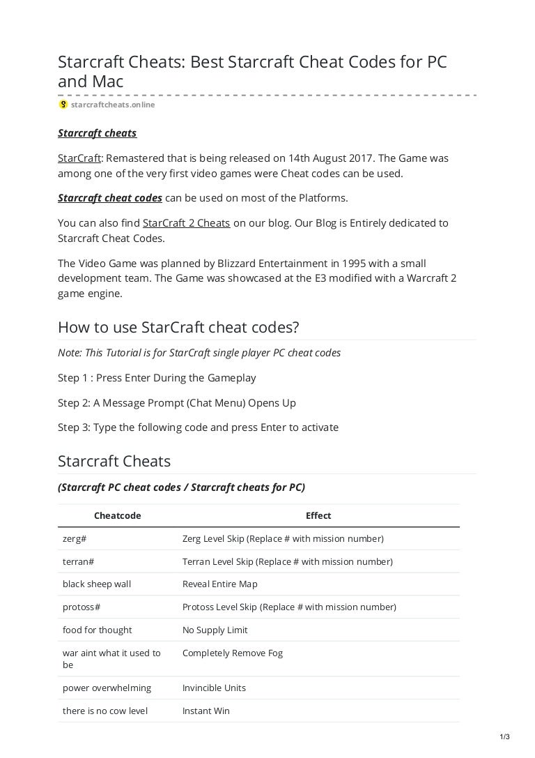 Starcraft Cheats : Exclusive Starcraft Cheat Codes For Pc and Mac