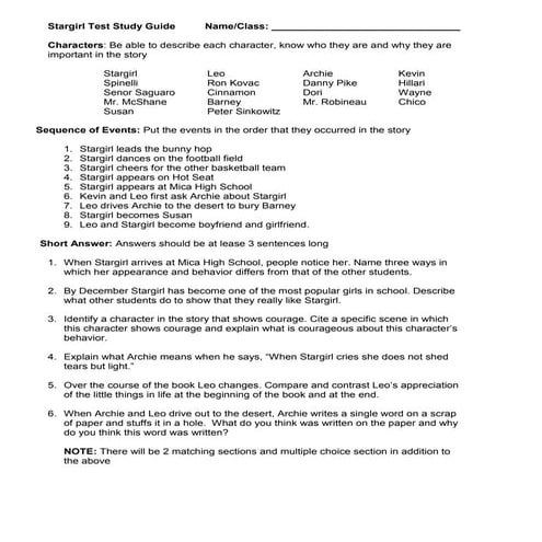 Stargirl FINAL EXAM Study Guide | DOCX