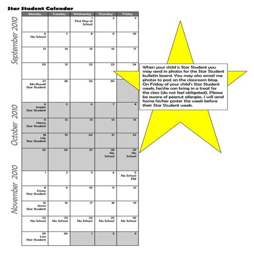 Star student calendar 10 11 | DOCX