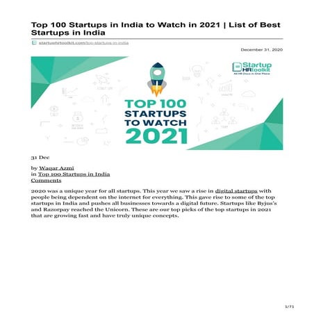 Top 100 startups in india to watch in 2021 list of best startups in ...