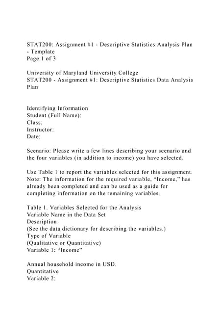Stat200 Assignment 1 Descriptive Statistics Analysis Plan Tedocx