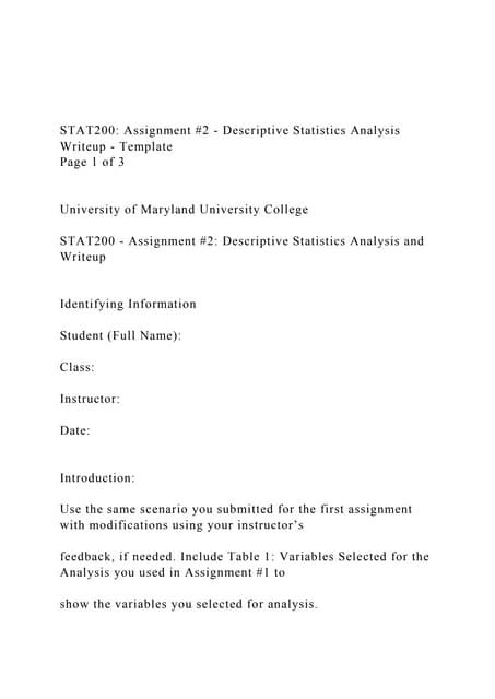 STAT200 Assignment #1 - Descriptive Statistics Analysis Plan - Te.docx