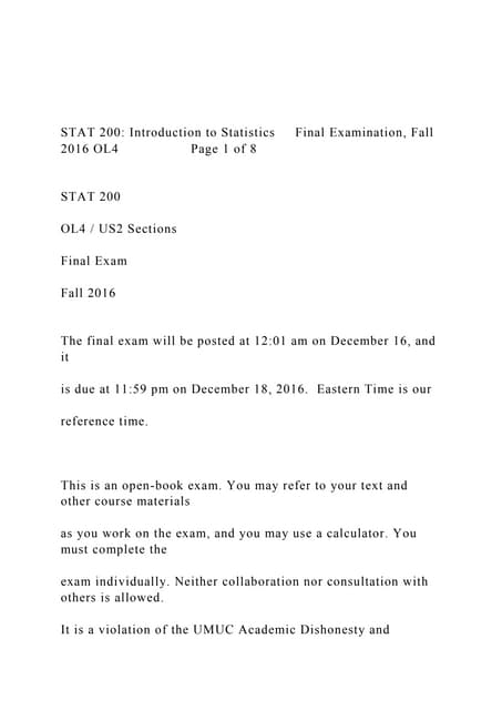 Stat 200 Introduction To Statistics Final Examination Fadocx