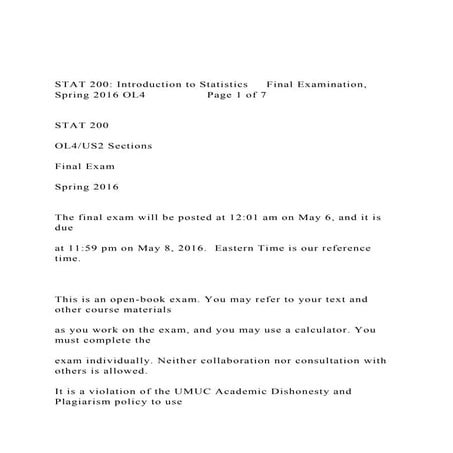 STAT 200 Introduction to Statistics Final Examination, Sp.docx