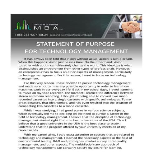 Statement of Purpose For Technology Management Sample | PDF