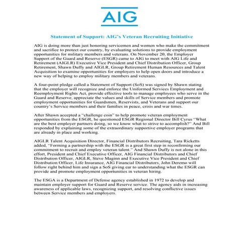 Statement of Support AIG's Veteran Recruiting Initative | PDF
