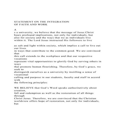 STATEMENT ON THE INTEGRATION OF FAITH AND WORKA s a u.docx