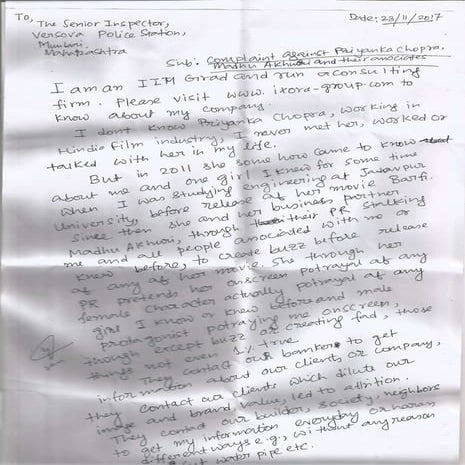Statement to Versova Police against Priyanka Chopra and Madhu Akhuri | PDF