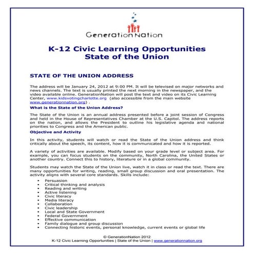 StateoftheUnion_ K-12LearningOpportunities | PDF | Civic affairs | Politics