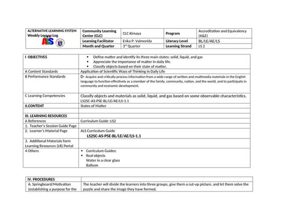 Daily Lesson Log science quarter one week one | PPT