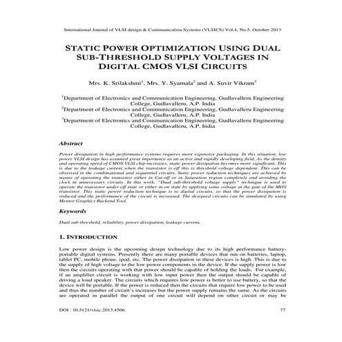 Static Power Optimization Using Dual Sub Threshold Supply Voltages In Digital Cmos Vlsi Circuits