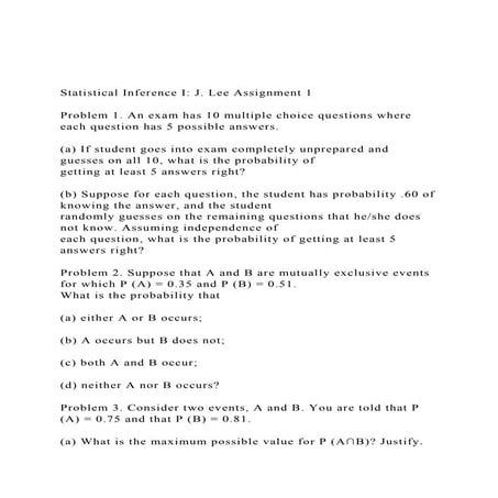 Statistical Inference I J. Lee Assignment 1Problem 1. An .docx