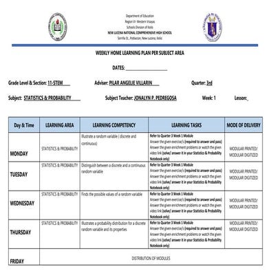 Daily Lesson Plan-W1-STATistic and probability | DOCX