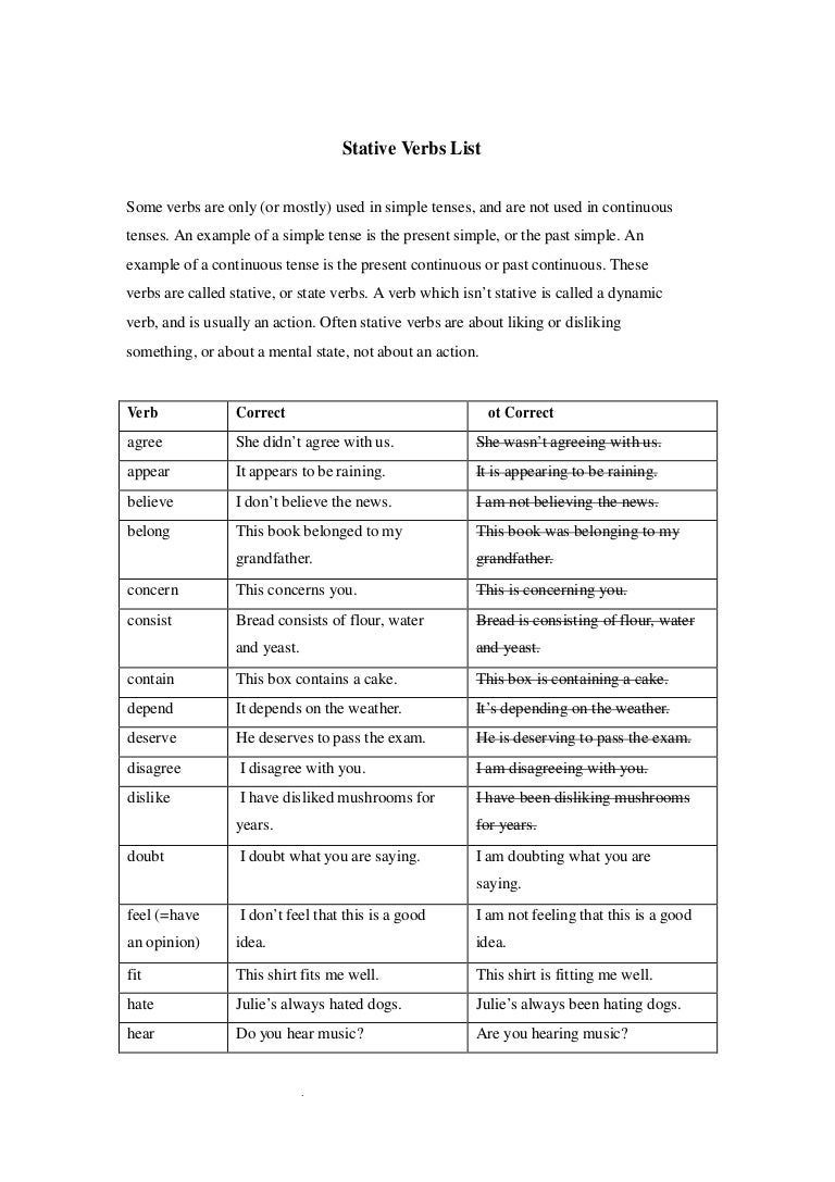 Stative Verbs List Easy