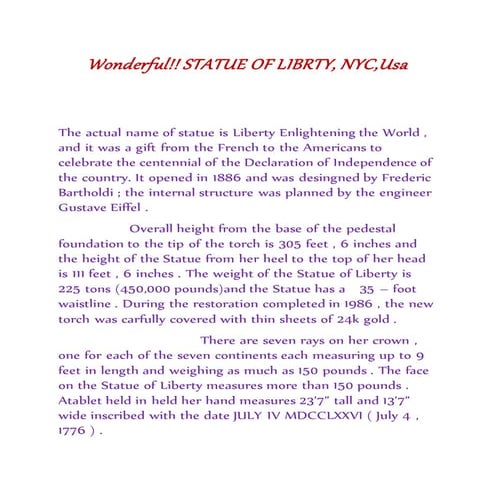The statue of Liberty english presentation | PPTX