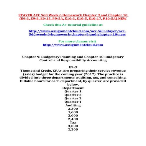 Stayer acc 560 week 6 homework chapter 9 and chapter 10 | DOC