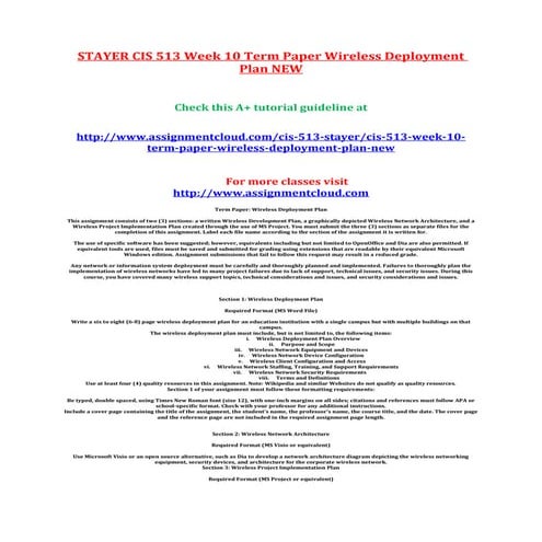 Stayer cis 513 week 10 term paper wireless deployment plan new | DOC