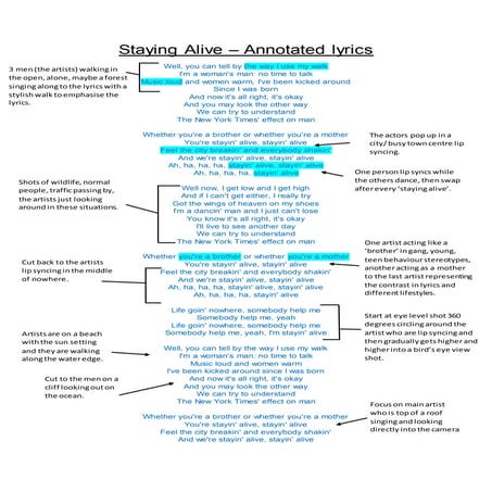 Staying alive annotated lyrics | DOCX | Music | Entertainment